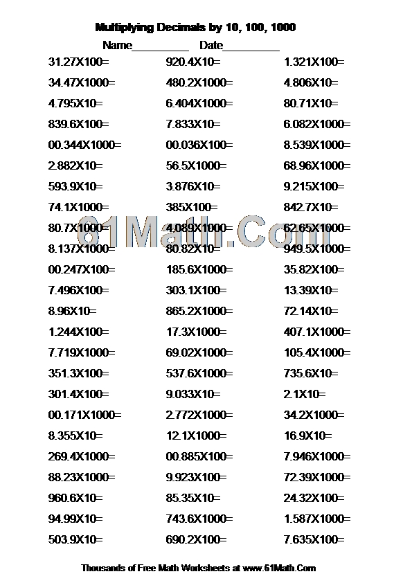 Multiplying Decimals By 10 100 1000 Create Your Own Math Worksheets Multiplying Decimals By 10 100 1000 Create Your Own Math Worksheets